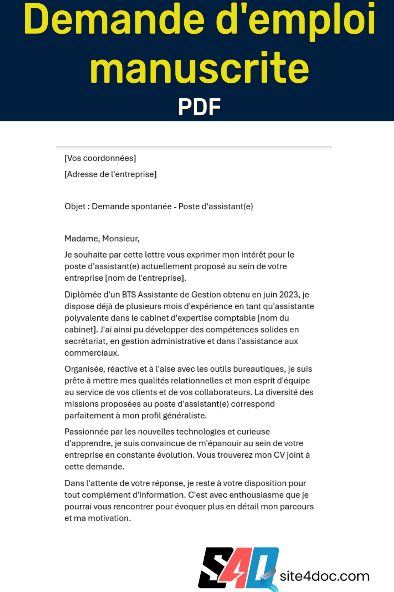 Lettre de Demande d'Emploi Manuscrite : Un Modèle Efficace en PDF - site4doc
