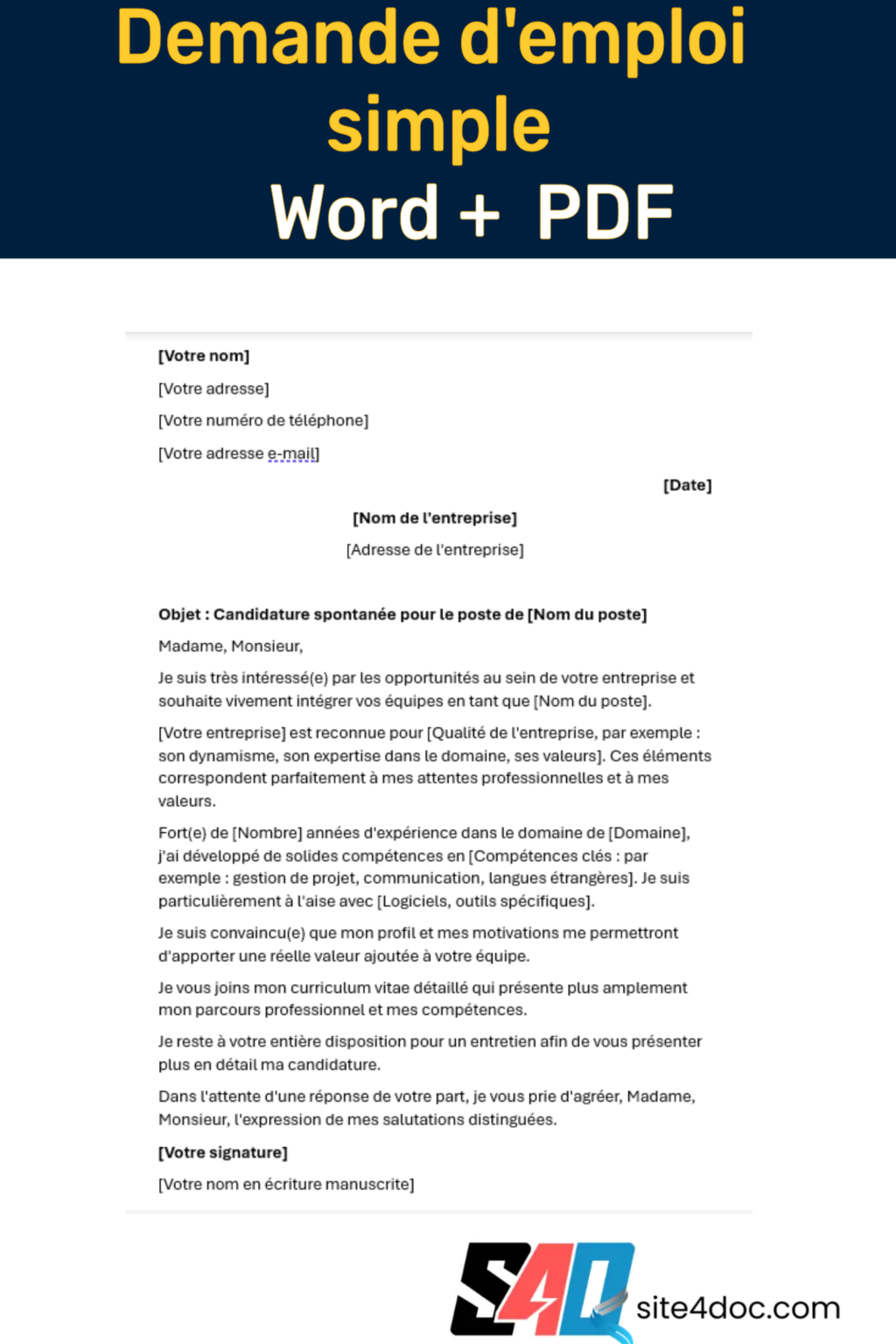 Exemple demande d'emploi simple Word et PDF - site4doc