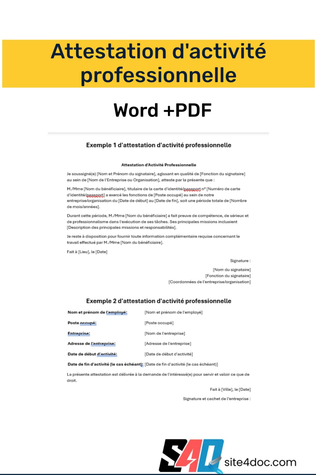 Modèle attestation d'activité professionnelle Word et PDF - site4doc